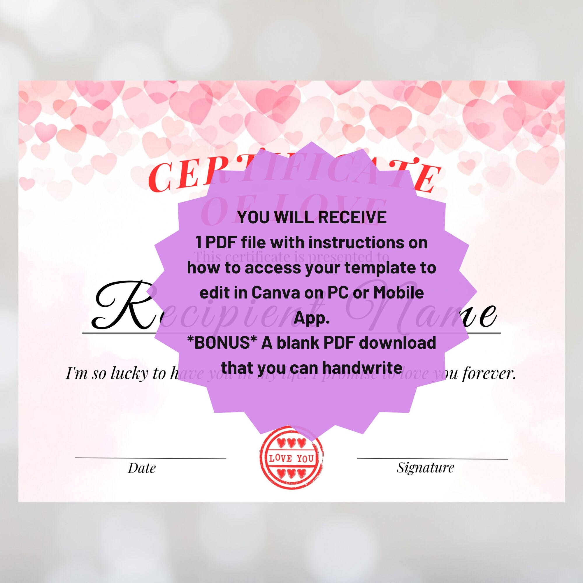 Editable Certificate of Love, Appreciation Award (PDF) - Etsy