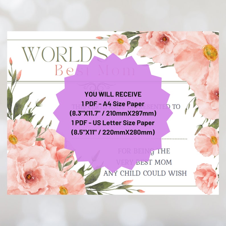 Worlds Best Mom Certificate With Pink Flowers, Printable Best Mom Award ...