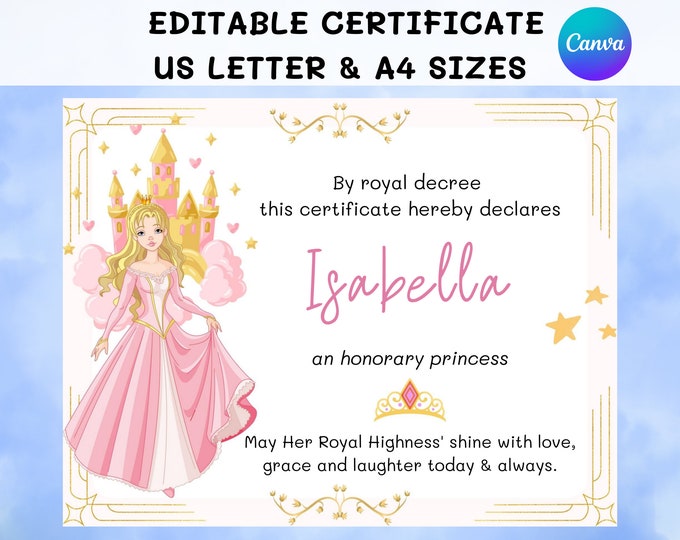 Snow White Themed Princess Certificate - 11x8.5" - Editable Canva ...