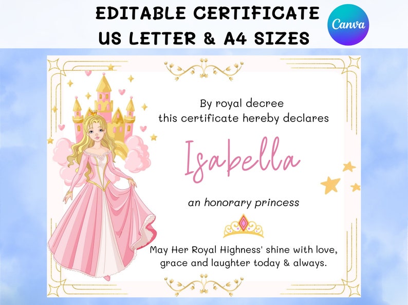 Princess Certificate Editable Template, Royal Princess Award ...