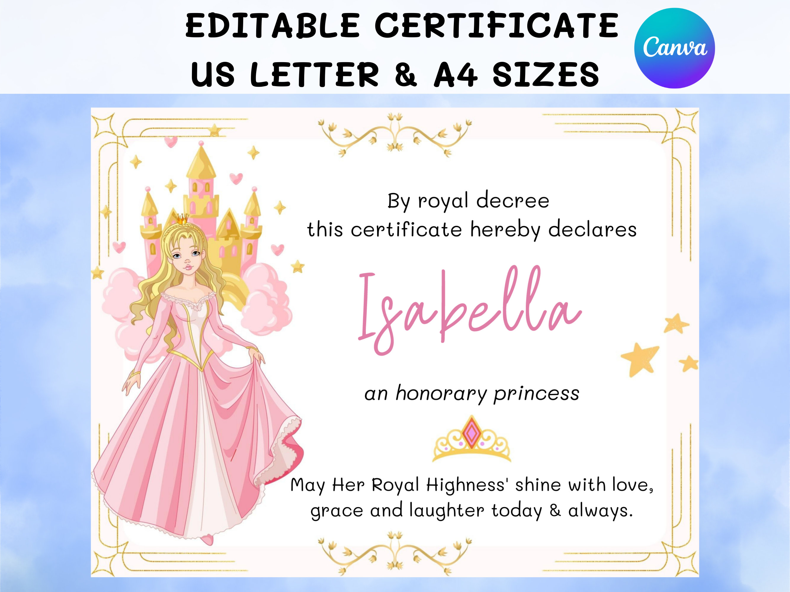 Princess Certificate Editable Template, Royal Princess Award ...