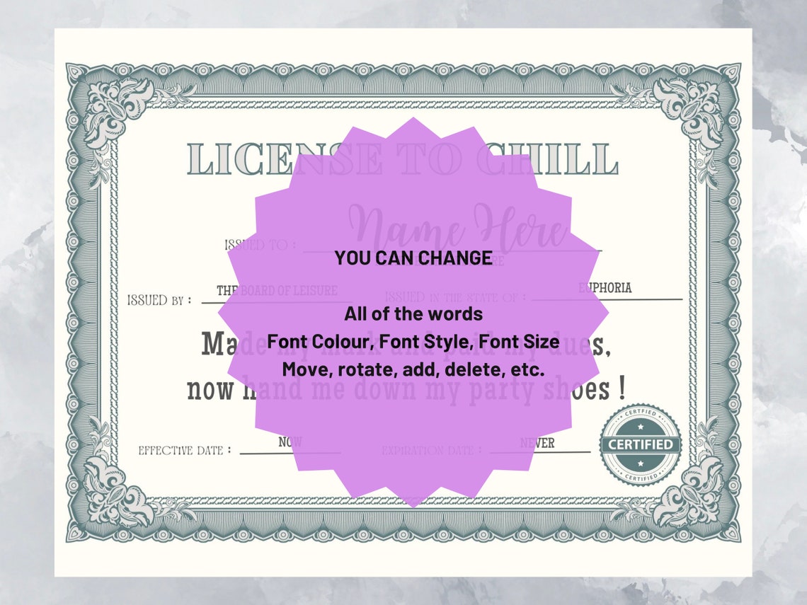 License to Chill Retirement Certificate Editable Custom Retro - Etsy