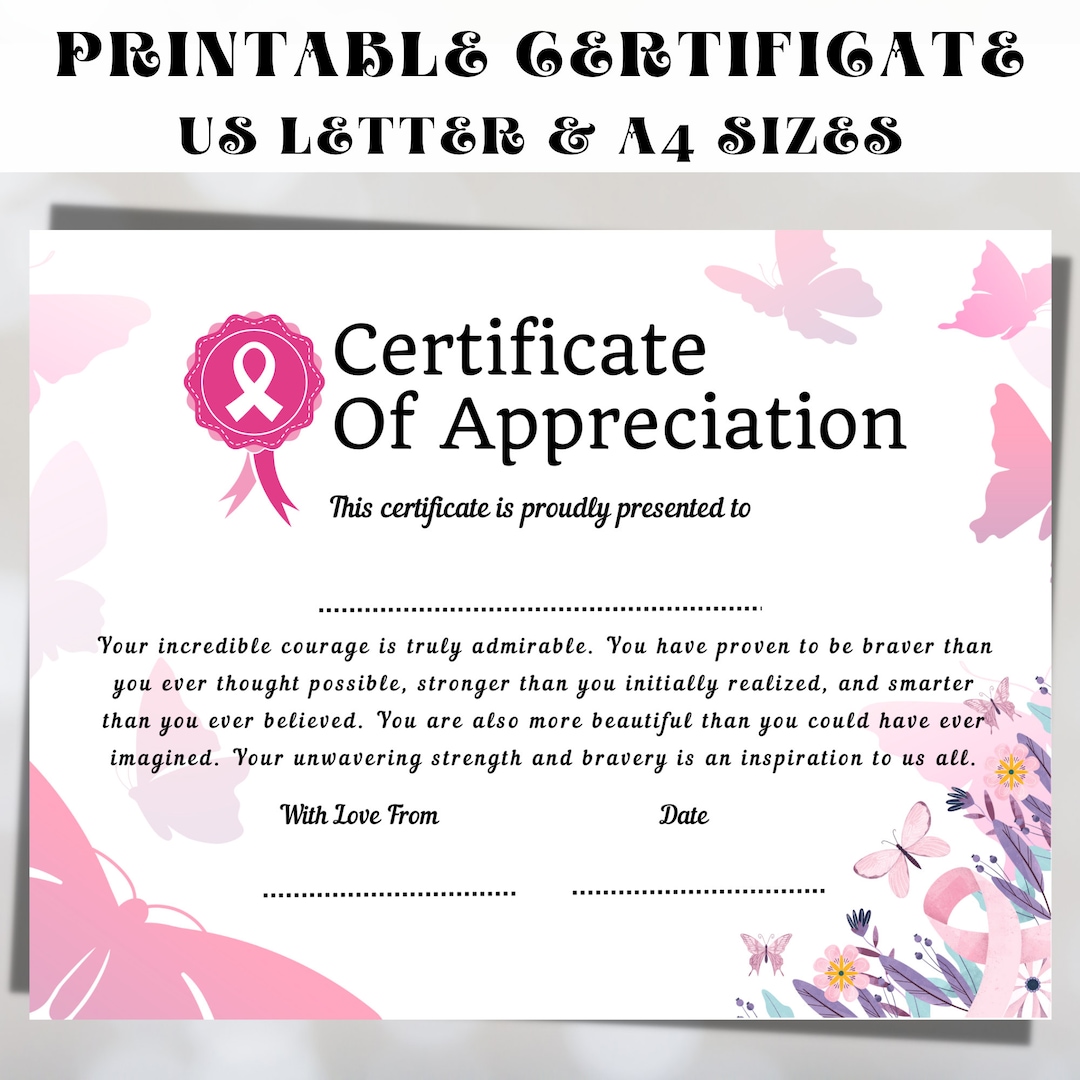 Breast Cancer Fighter Appreciation Certificate Printable, Cancer Free ...