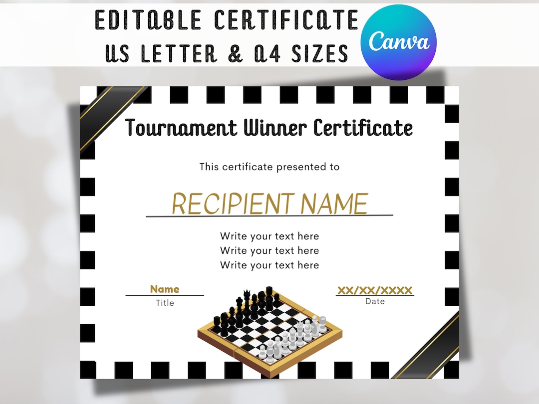 Editable Chess Tournament Winner Award Certificate, Chess Appreciation ...