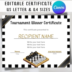 Editable Chess Tournament Winner Award Certificate, Chess Appreciation ...
