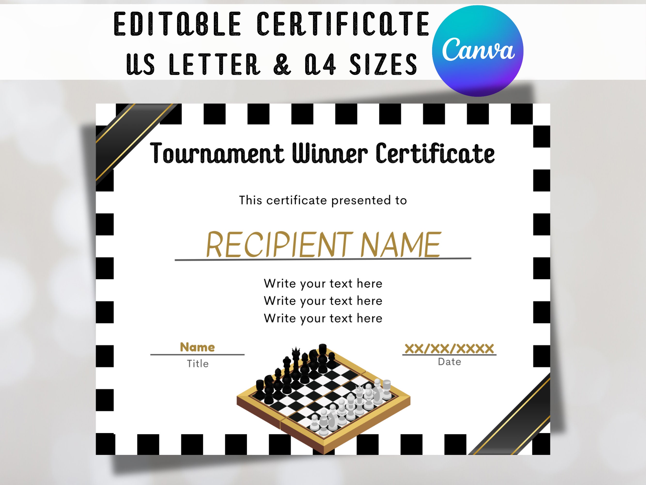 Editable Chess Tournament Winner Award Certificate, Chess Appreciation ...