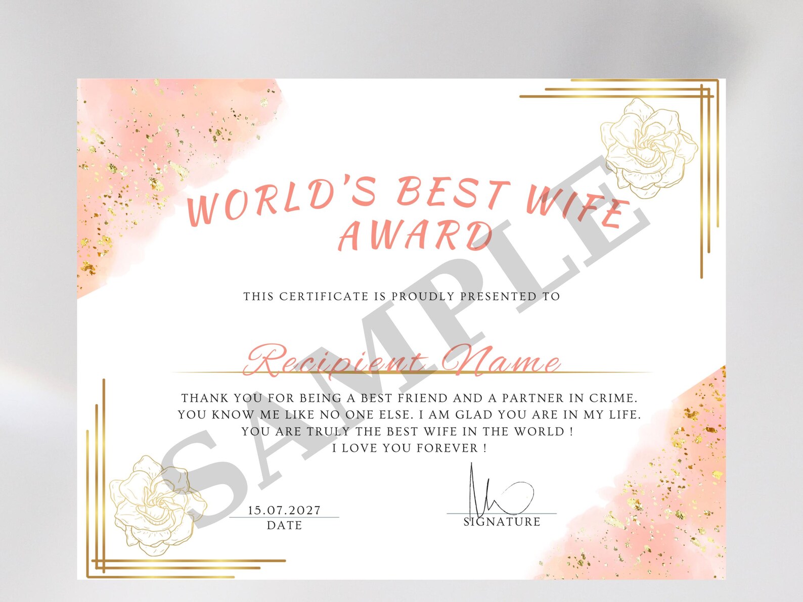 Editable Wife Appreciation Certificate, Pink & Gold Award (digital ...
