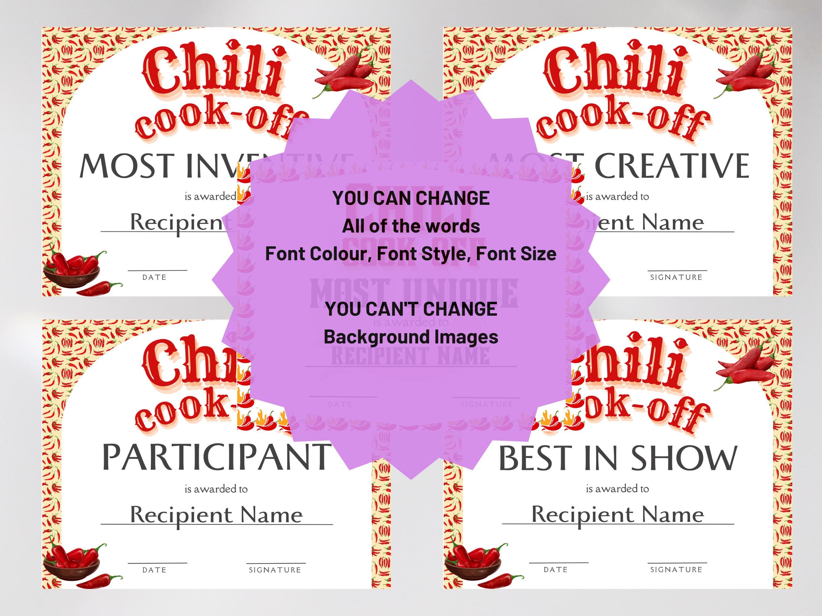 Editable Chili Cook off Award Certificate Template, Chili Contest ...