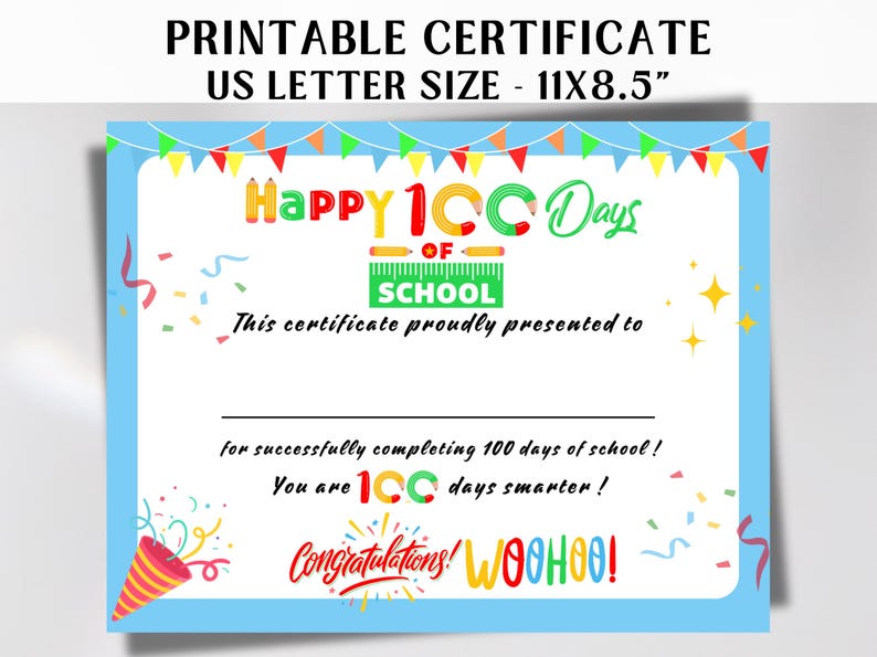 Printable Certificate 100 Days of School Party, 100 Days Smarter ...