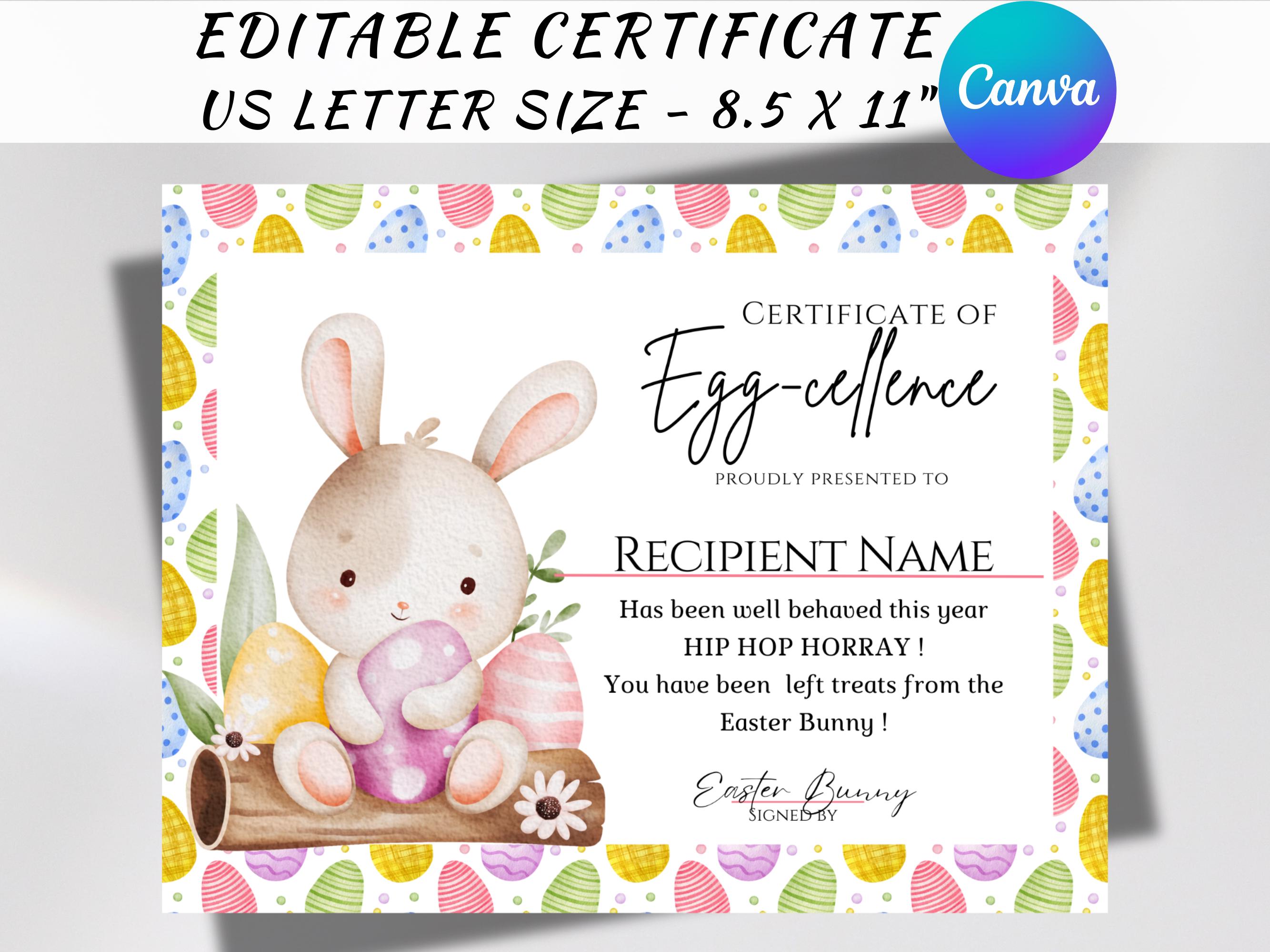 Editable Easter Bunny Certificate of Excellence (digital Download, US ...
