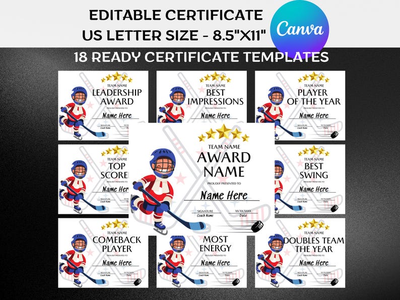 Editable Ice Hockey Award Kids Certificate Template, Best Player Best ...