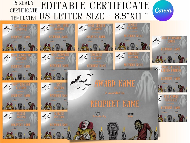 Editable Halloween Costume Award Certificate, Canva Template (digital ...