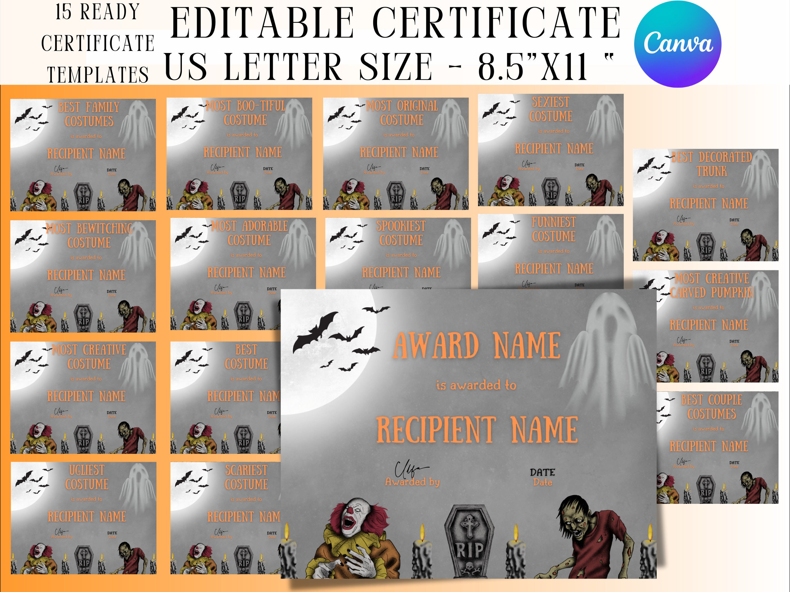 Editable Halloween Costume Award Certificate, Canva Template (digital ...