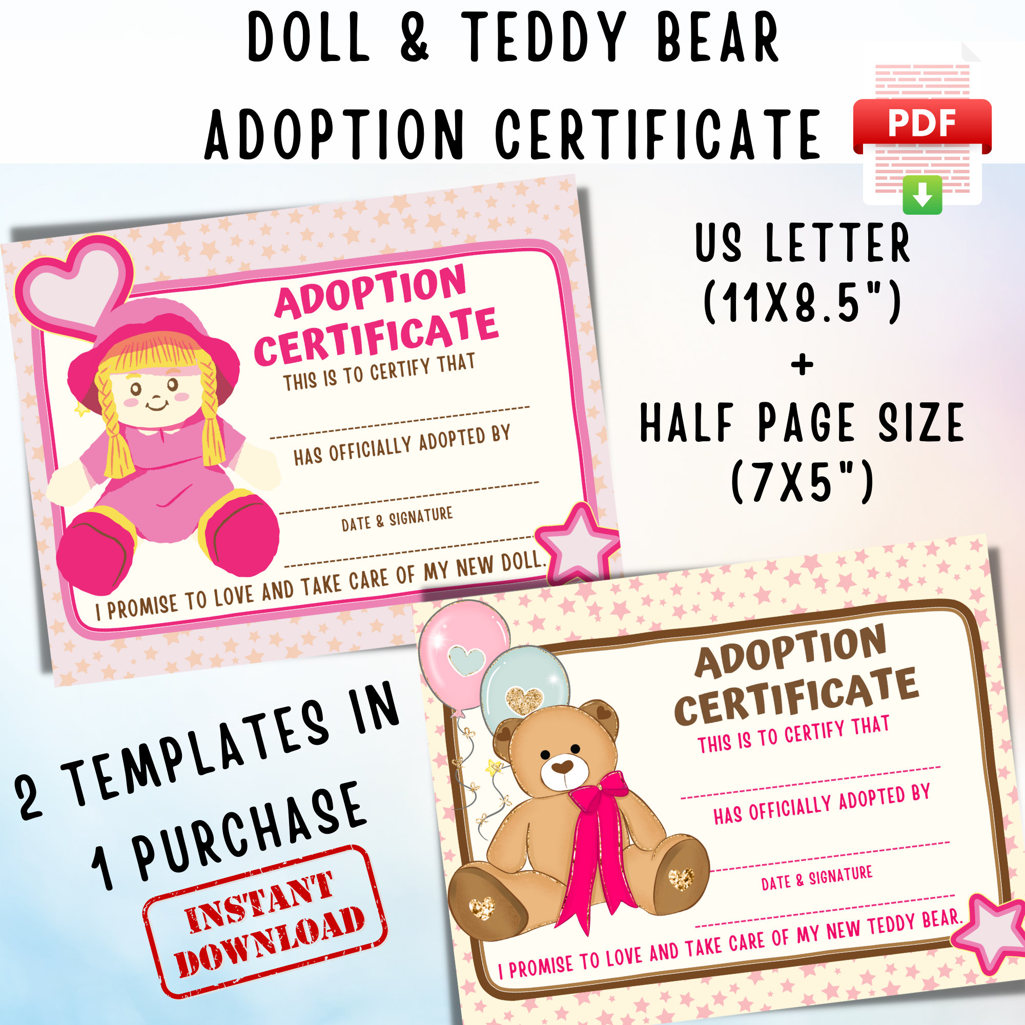 Doll & Bear Adoption Certificate Set Printable, Baby Doll Certificate ...