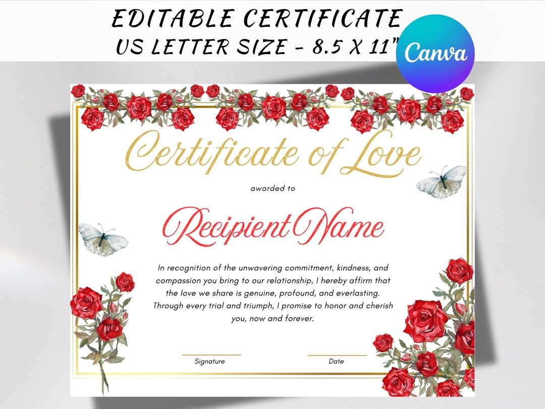 Editable Certificate of Love, Declaration of Love Appreciation Award ...