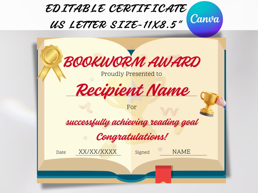 Bookworm Award Certificate, Reading Achievement, Editable Template ...