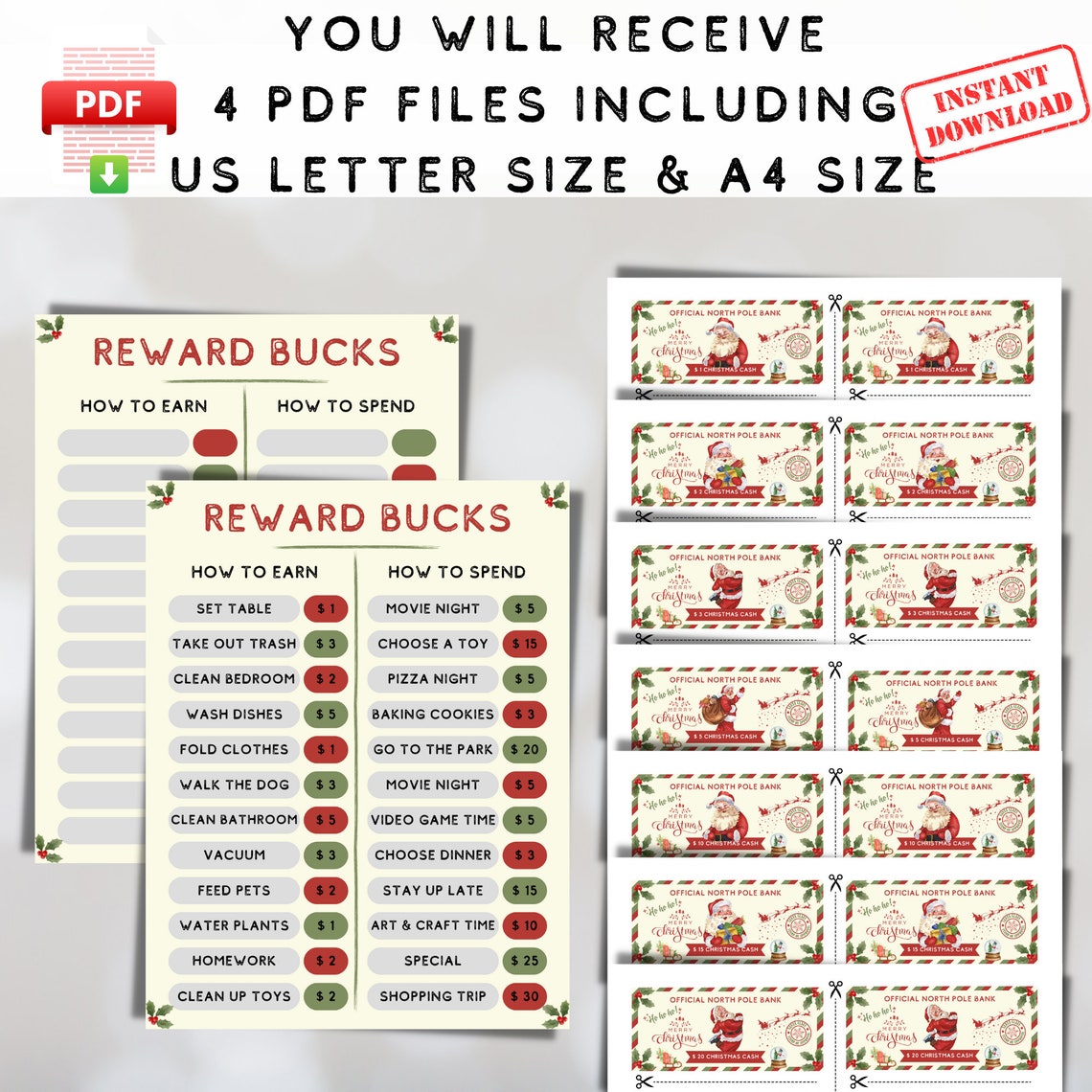 Printable Christmas Reward Bucks for Kids, North Pole Bank Dollar Play ...