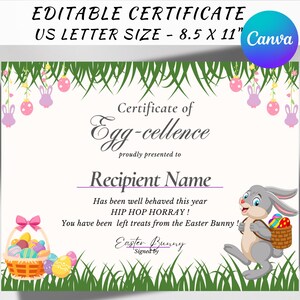 Editable Easter Bunny Certificate, Kids Easter Activity (digital ...