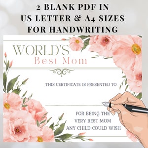 Worlds Best Mom Certificate With Pink Flowers, Printable Best Mom Award ...