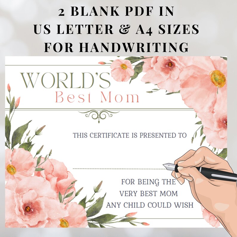 Worlds Best Mom Certificate With Pink Flowers, Printable Best Mom Award ...