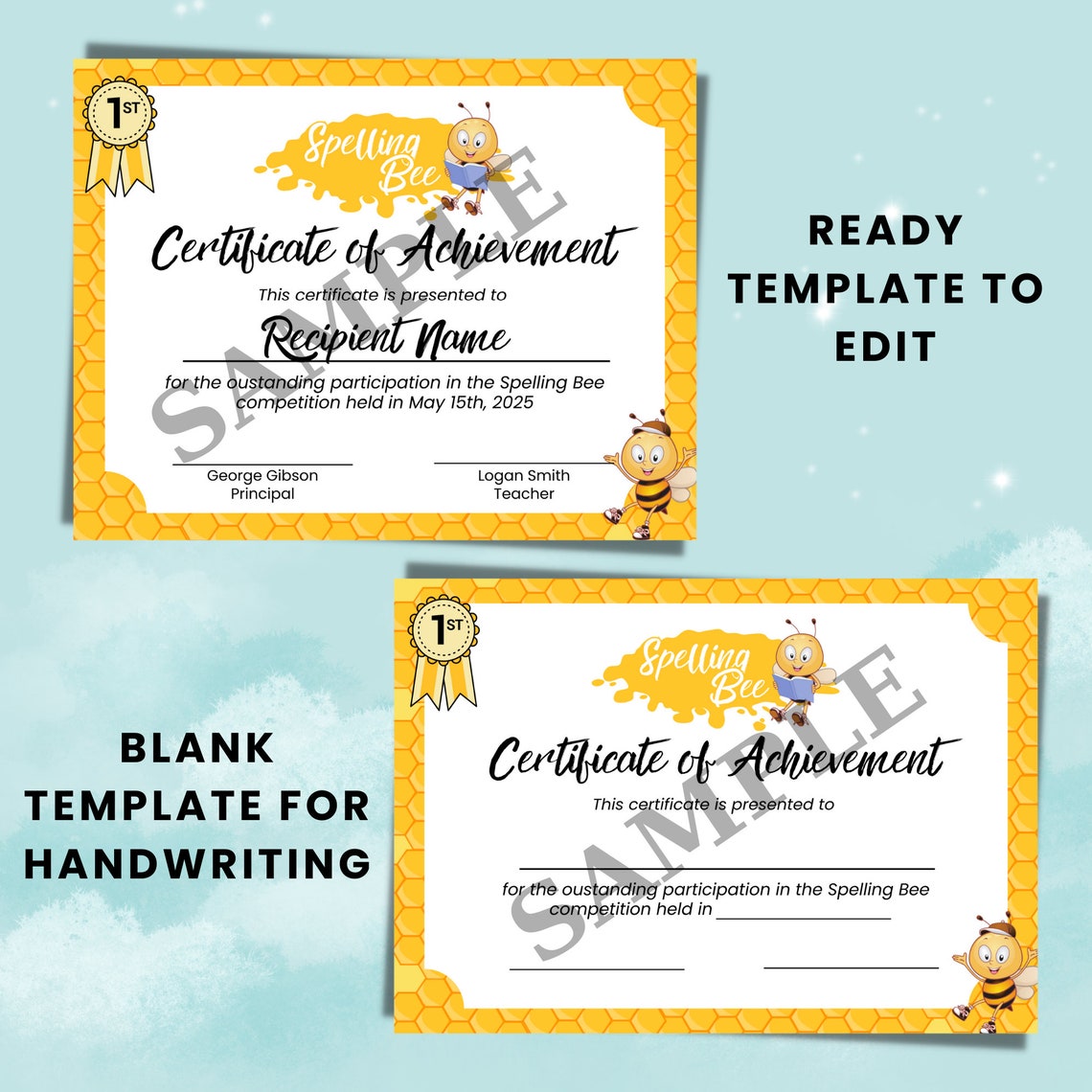Editable Spelling Bee Certificate Template, Spelling Participant Award ...