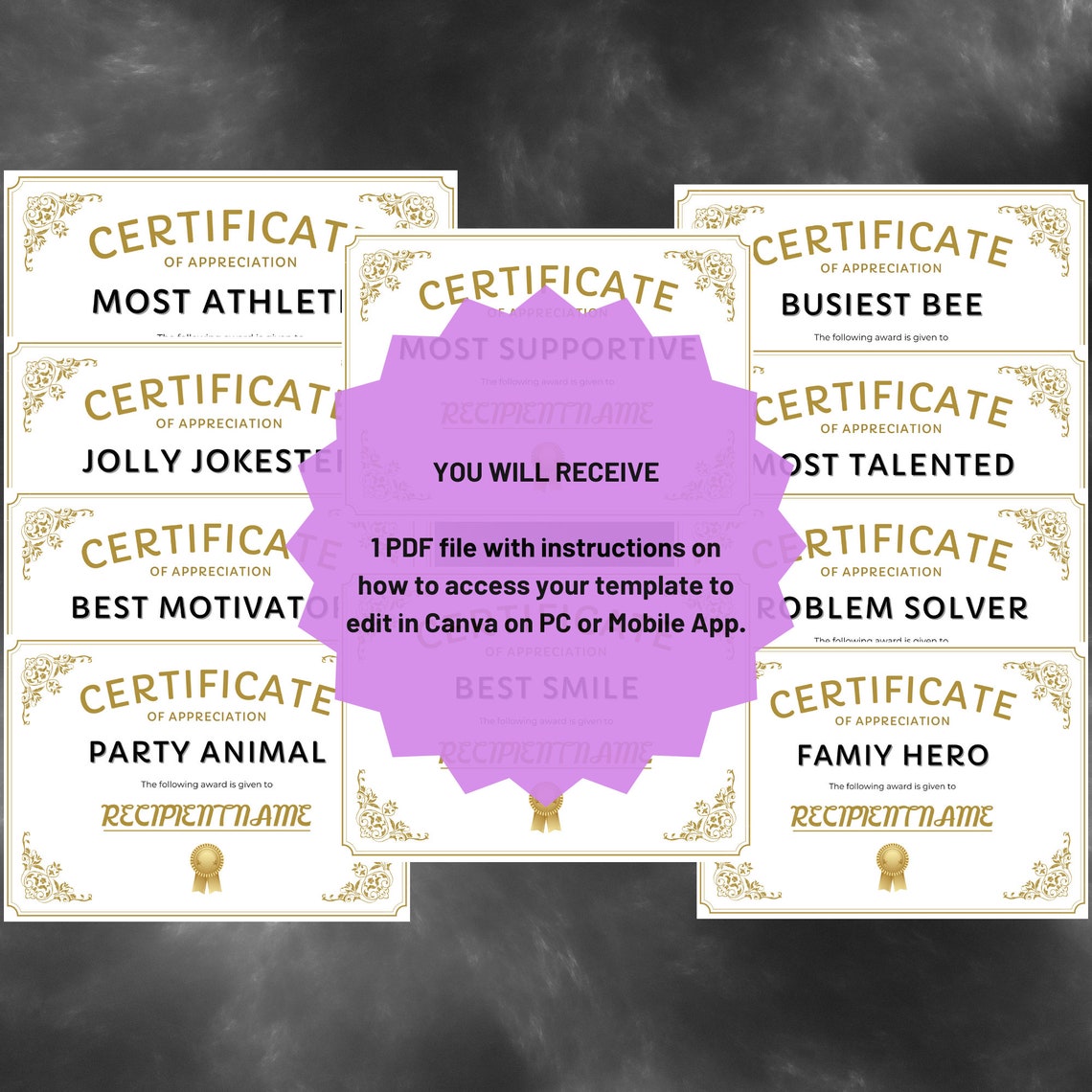 Editable Family Reunion Award Certificates, Gold Design (PDF) - Etsy