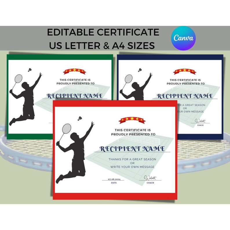 Badminton Player Award Certificate Editable Template, Printable Sports ...