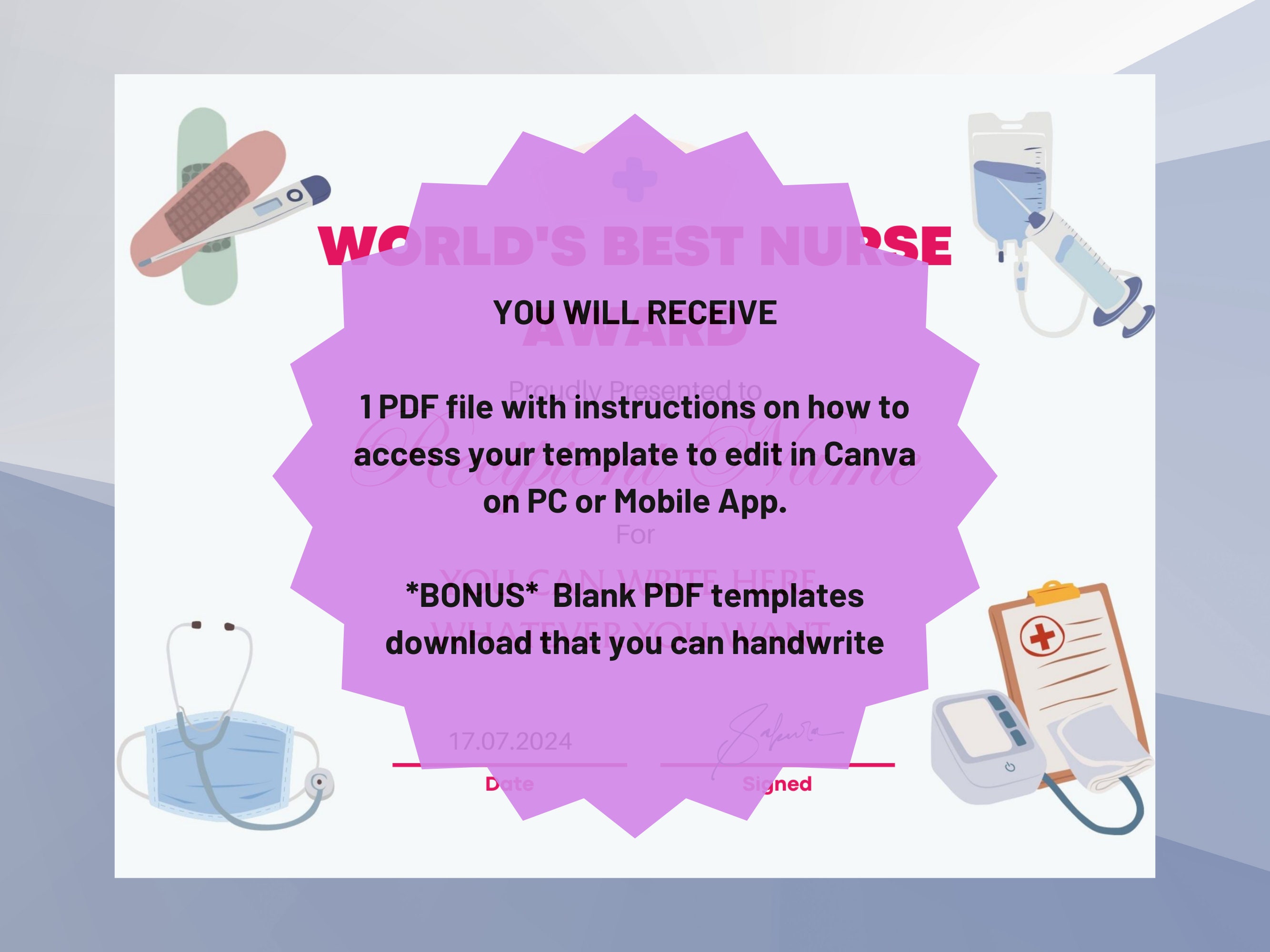 Editable Nurse Award Certificate Template, Printable Gift (digital ...