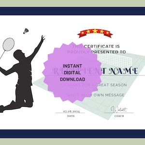 Badminton Player Award Certificate Editable Template, Printable Sports ...