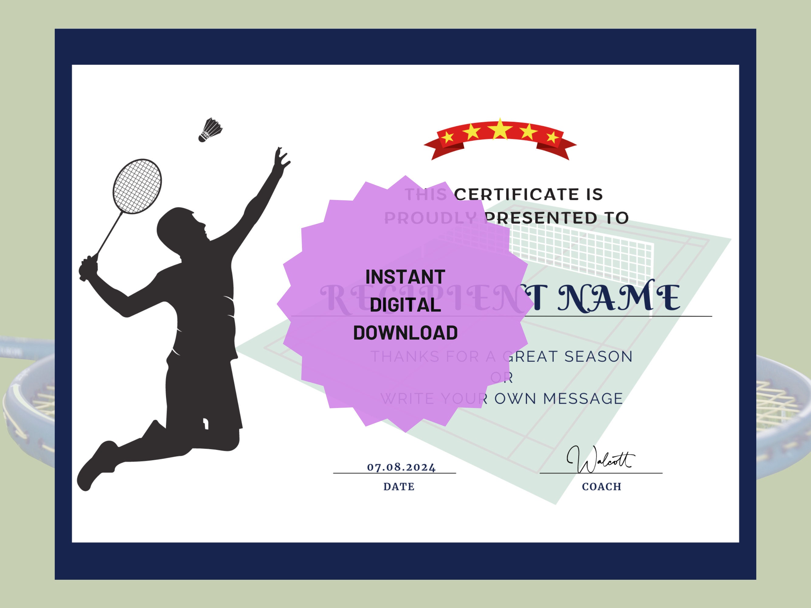 Badminton Player Award Certificate Editable Template, Printable Sports ...