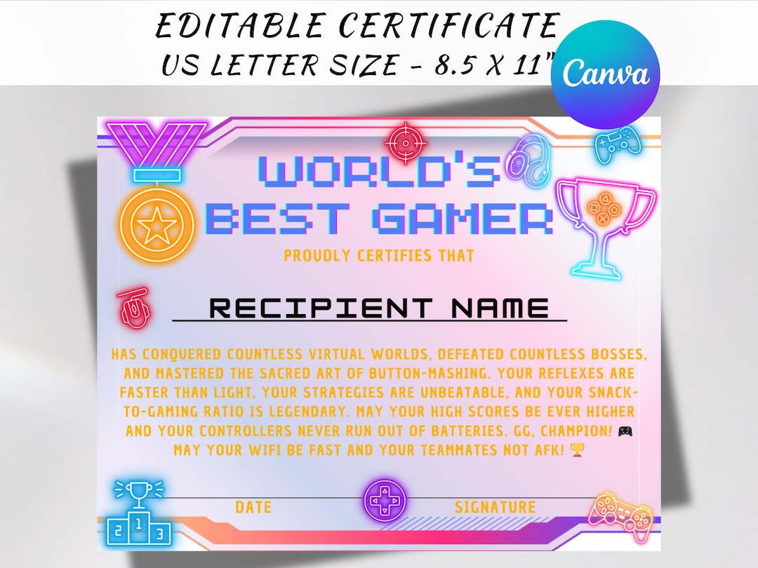 World's Best Gamer Editable Certificate, Funny Gamer Birthday Gift ...