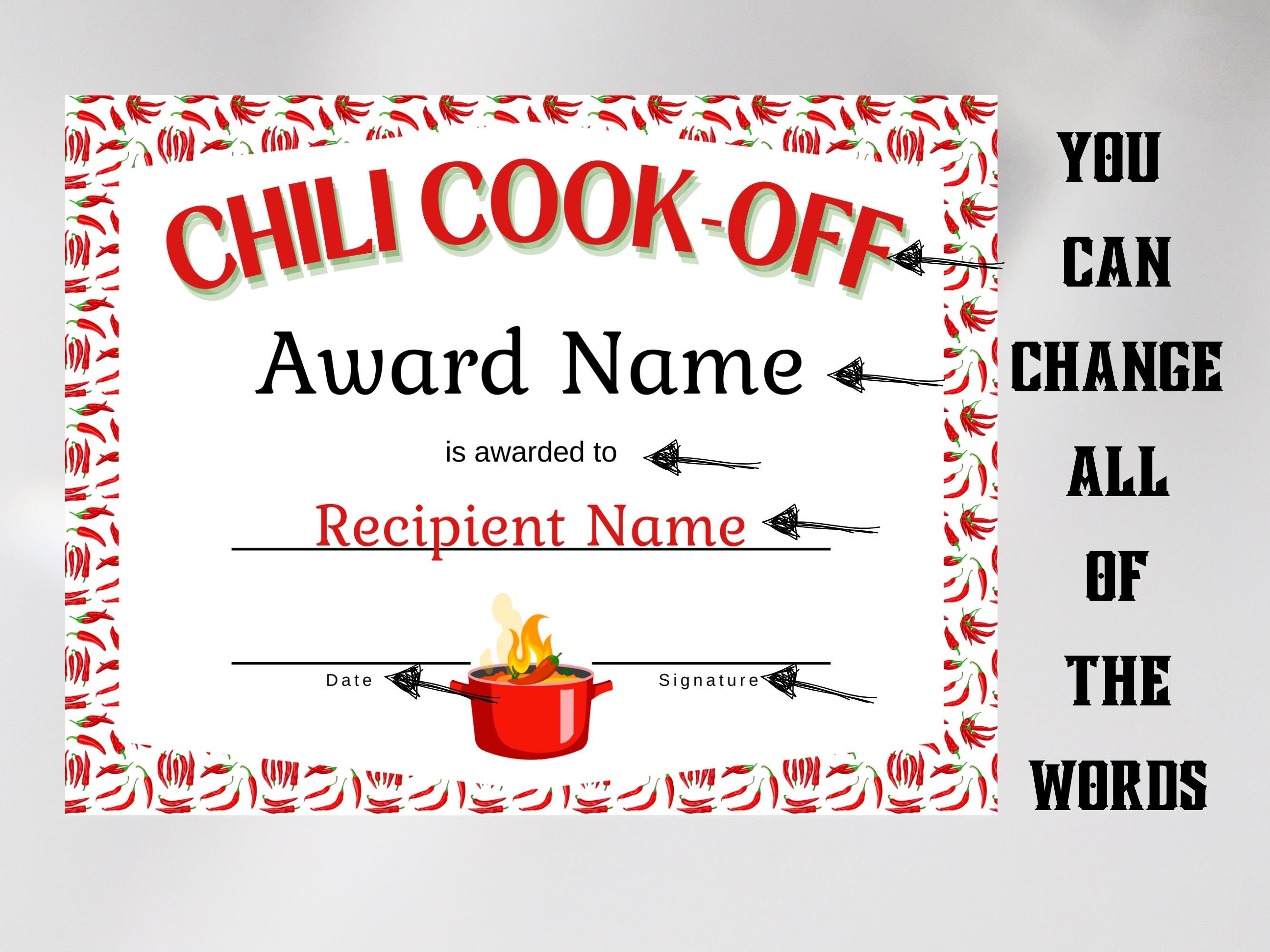 Editable Chili Cook off Award Certificate Template, Chili Contest ...