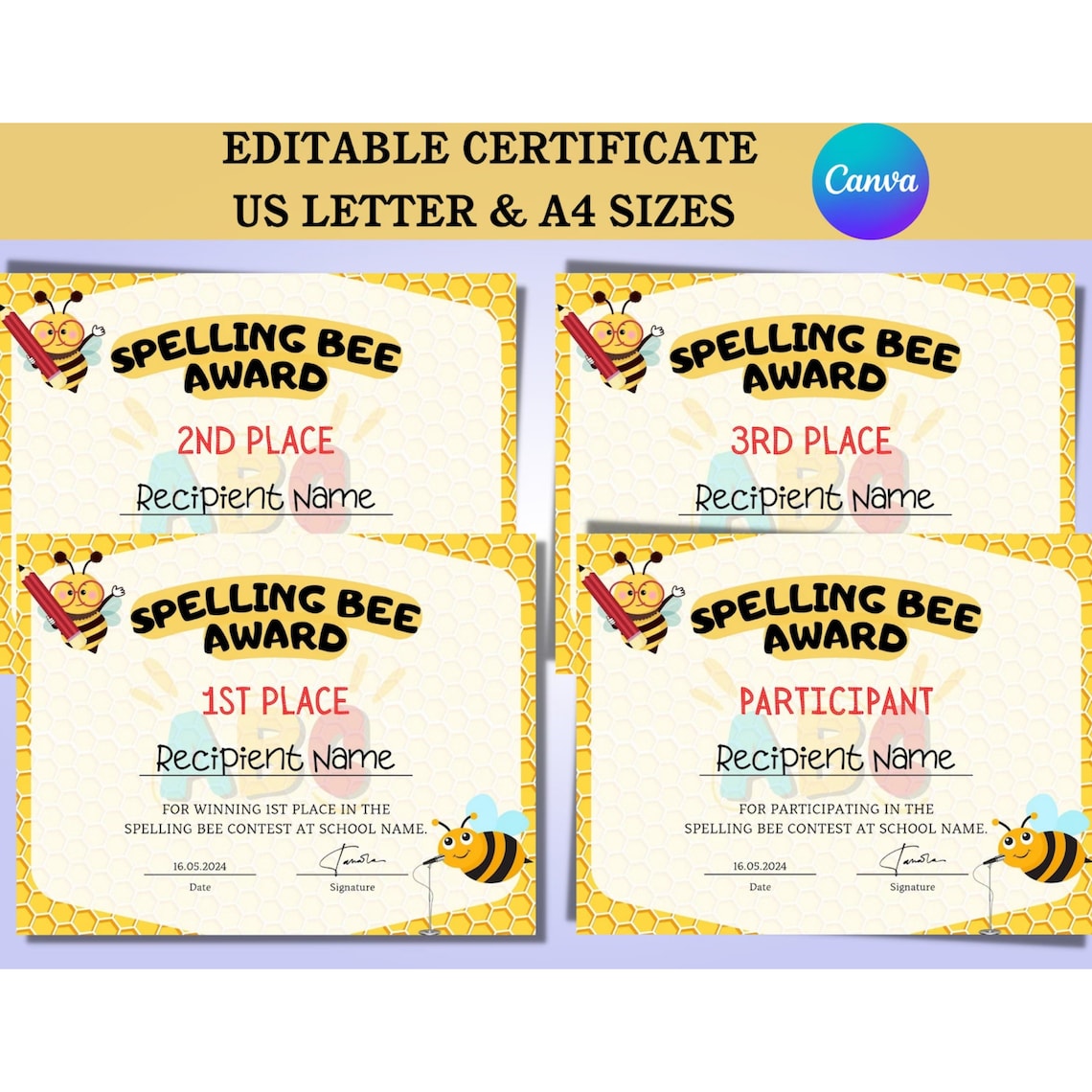 Editable Spelling Bee Certificate Template, School Award (canva ...