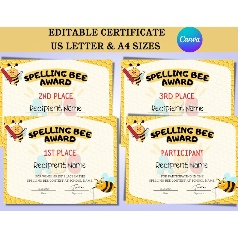 Editable Spelling Bee Certificate Template, Spelling Participant Award ...