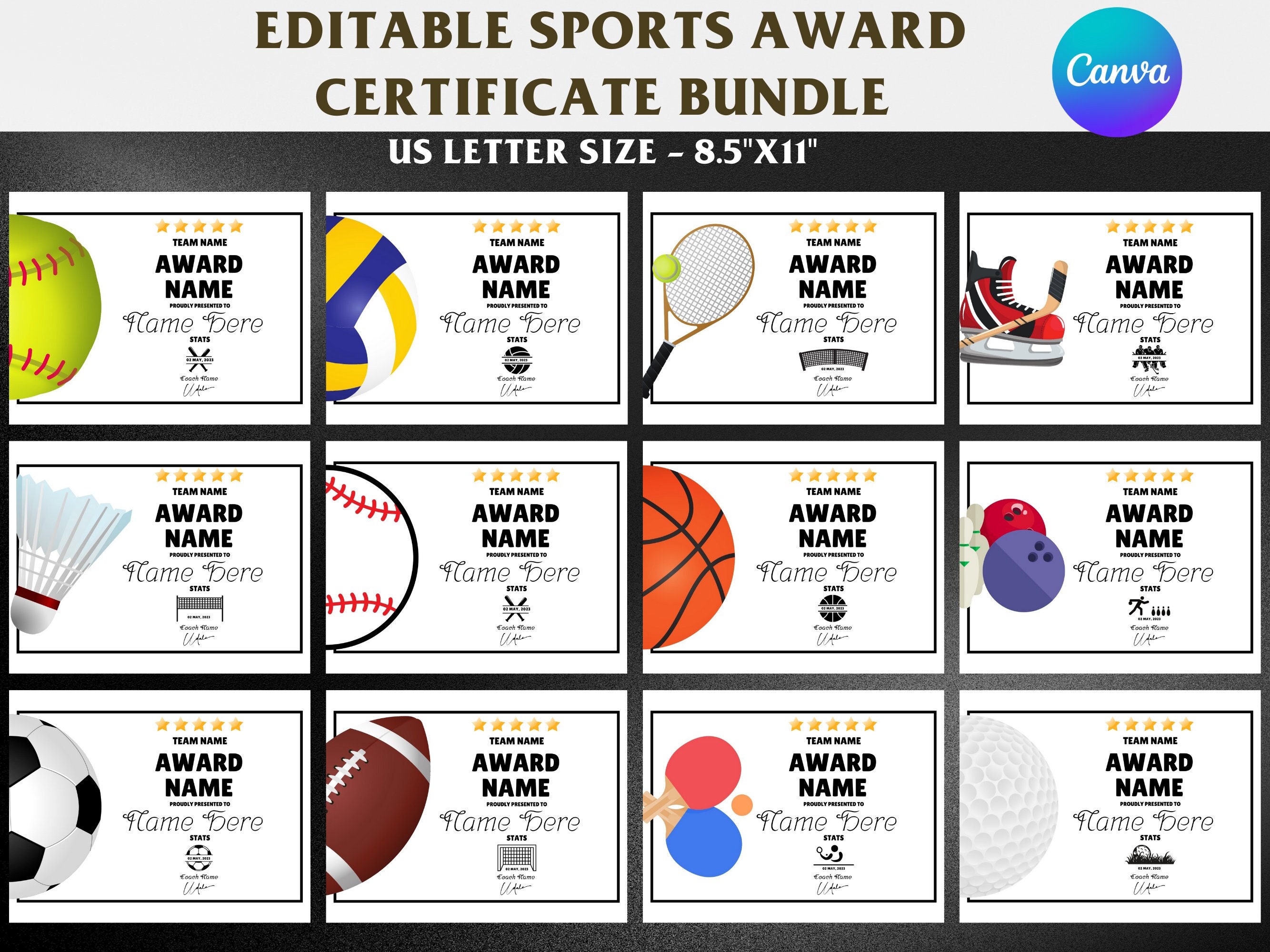 Sports Award Certificates Bundle Editable Template, Team Sports Player ...