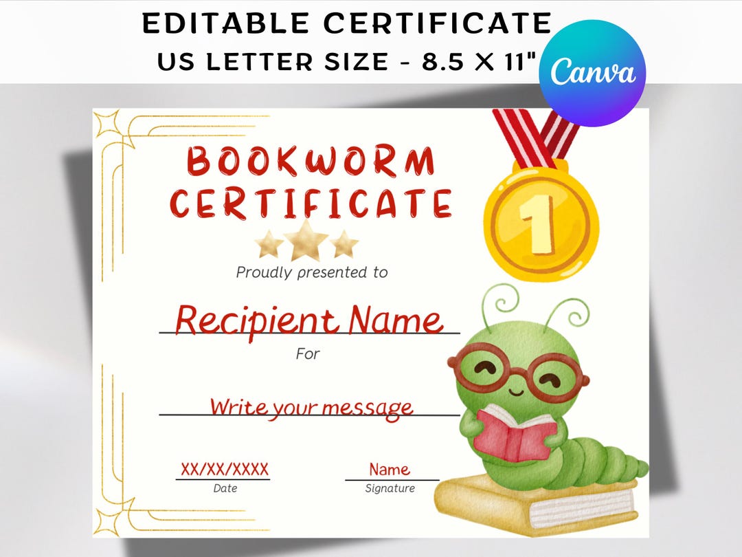 Bookworm Award Certificate Editable Template, Reader Recognition ...