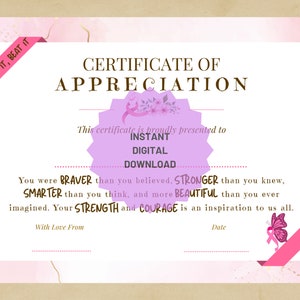 Breast Cancer Survivor Certificate | Appreciation Gift (digital ...