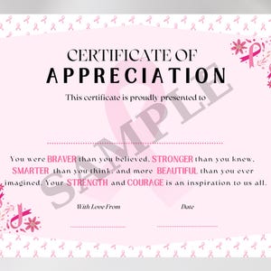 Breast Cancer Survivor Appreciation Certificate, Printable PDF - Etsy