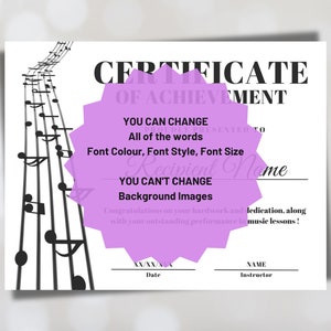 Music Achievement Editable Award Certificate Template, Personalized ...