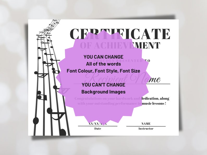Music Achievement Editable Award Certificate Template, Personalized ...