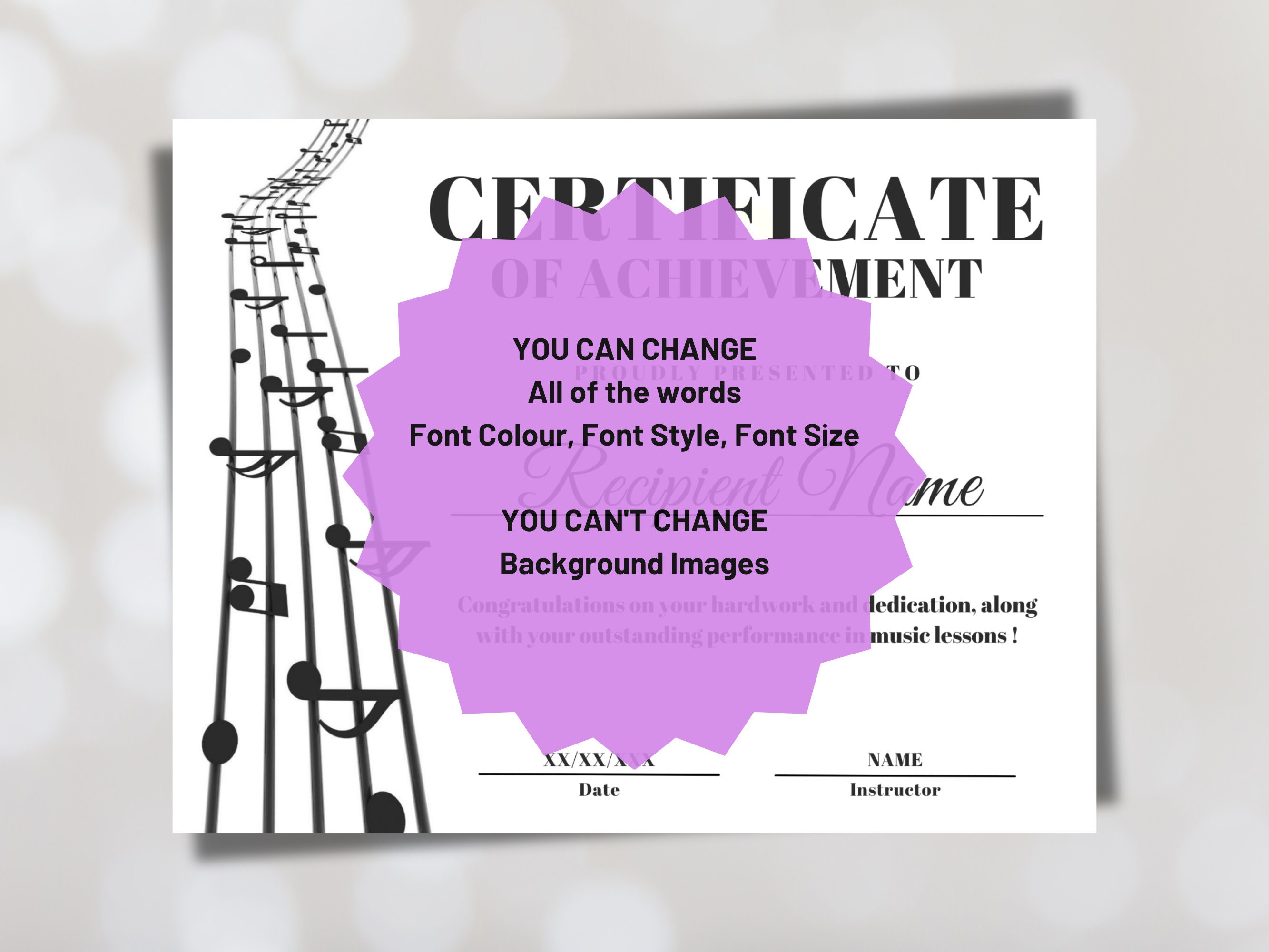 Editable Music Award Certificate Template (PDF) - Etsy