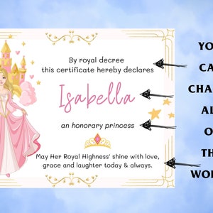 Princess Certificate Editable Template, Royal Princess Award ...