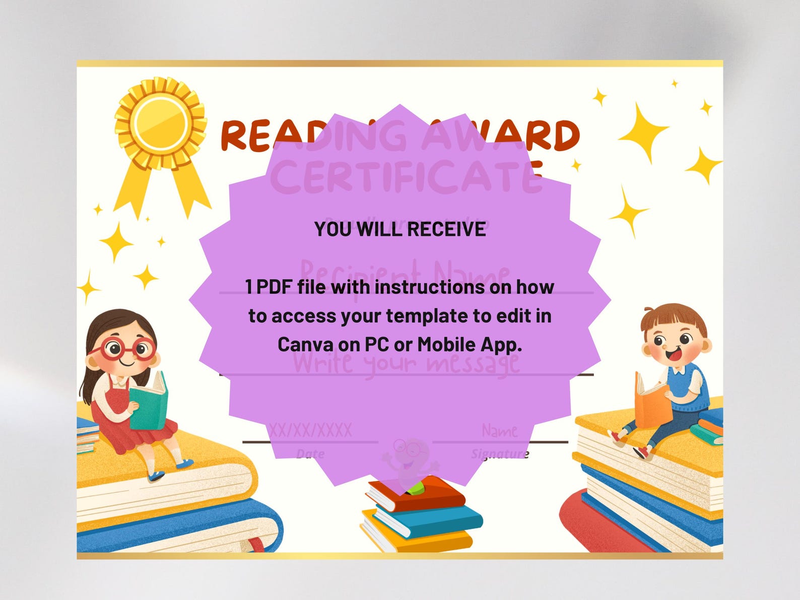 Editable Reading Award Certificate Template, Kids Classroom (digital ...