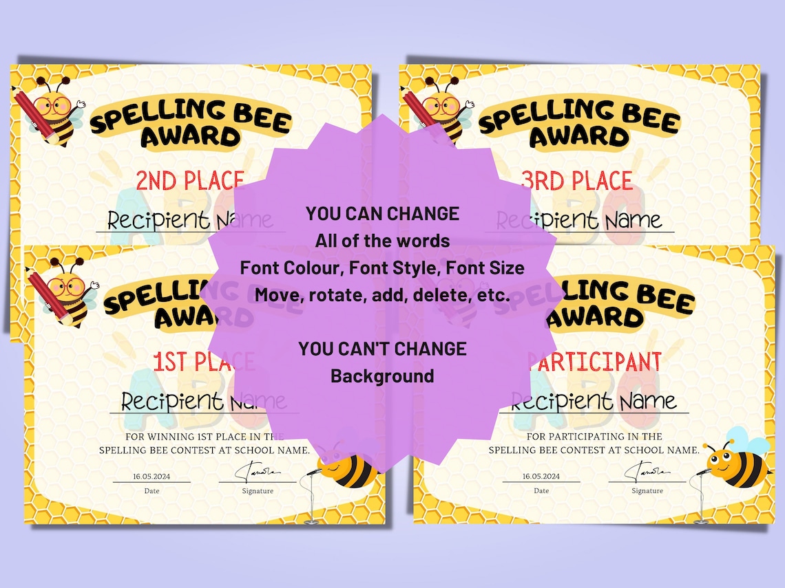 Editable Spelling Bee Certificate Template, Spelling Participant Award ...