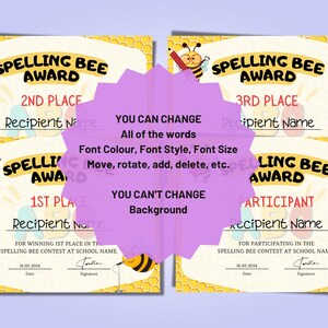 Editable Spelling Bee Certificate Template, Spelling Participant Award ...