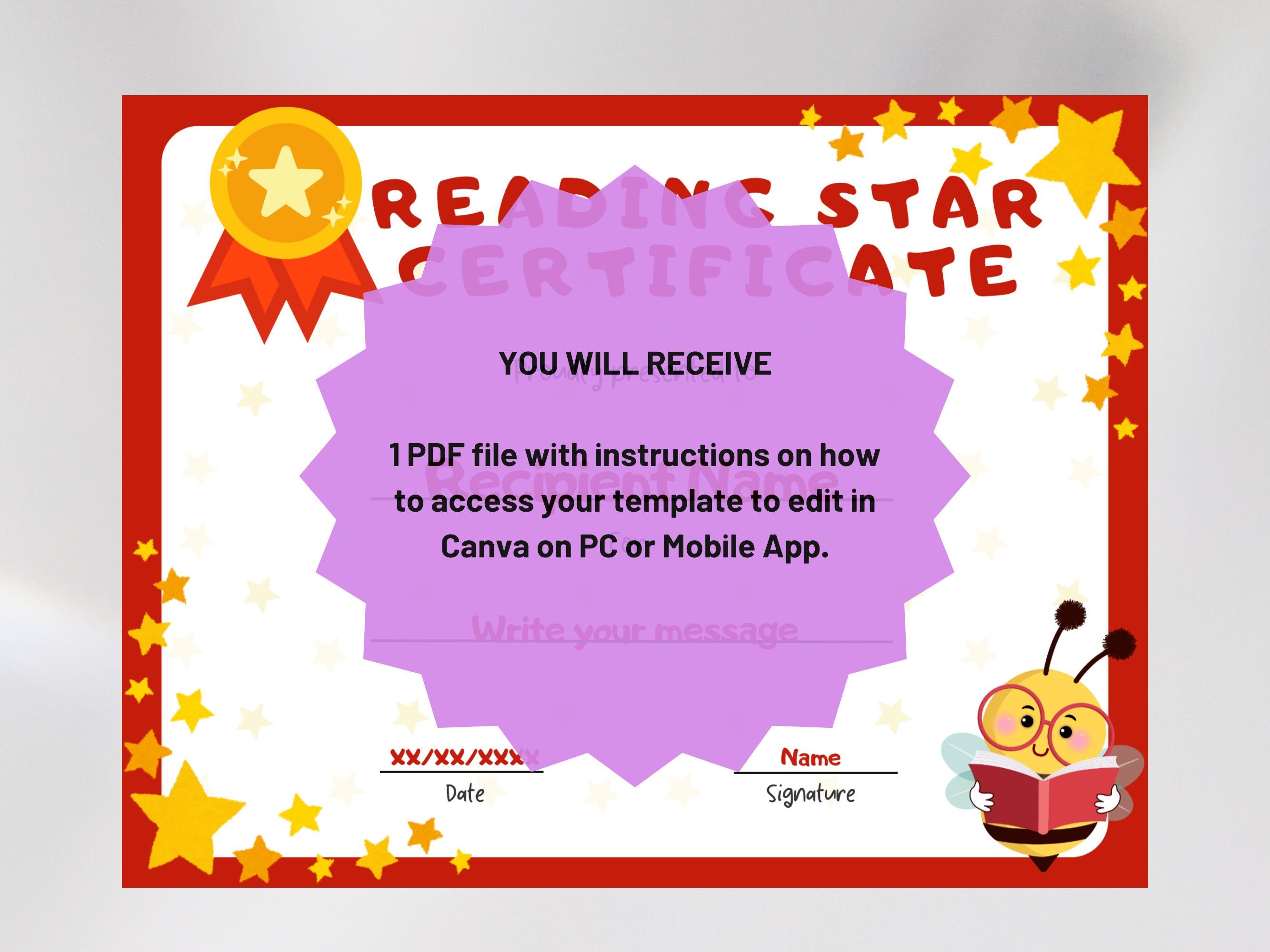 Reading Star Certificate Editable Template, Bookworm Recognition ...