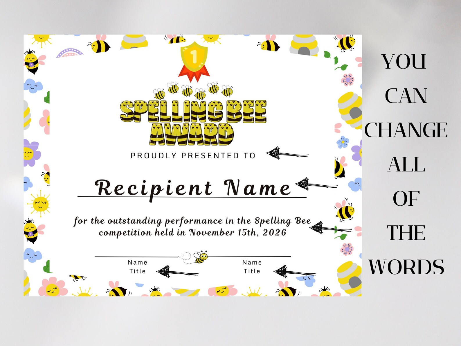 Editable Spelling Bee Certificate Template, Spelling Participant Award ...