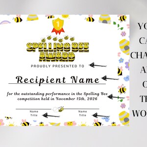 Editable Spelling Bee Certificate Template, Canva Award (digital ...