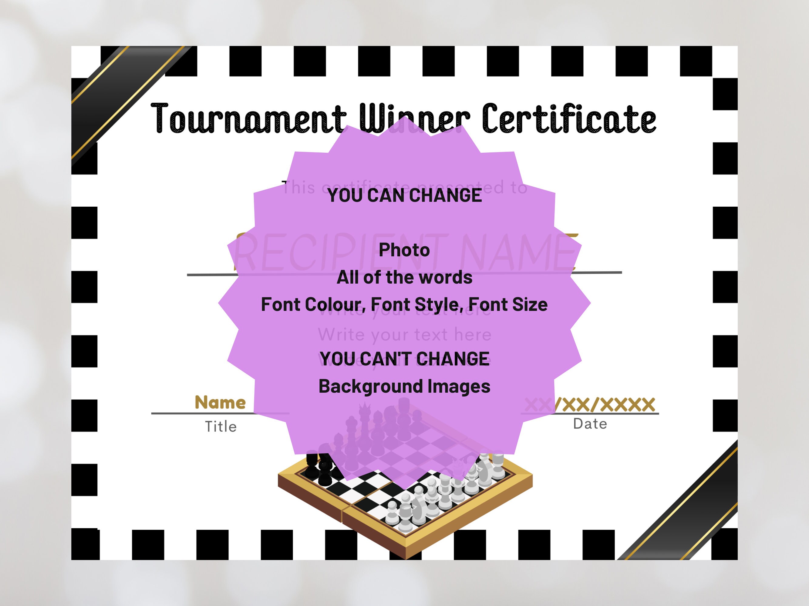Editable Chess Tournament Winner Award Certificate, Chess Appreciation ...