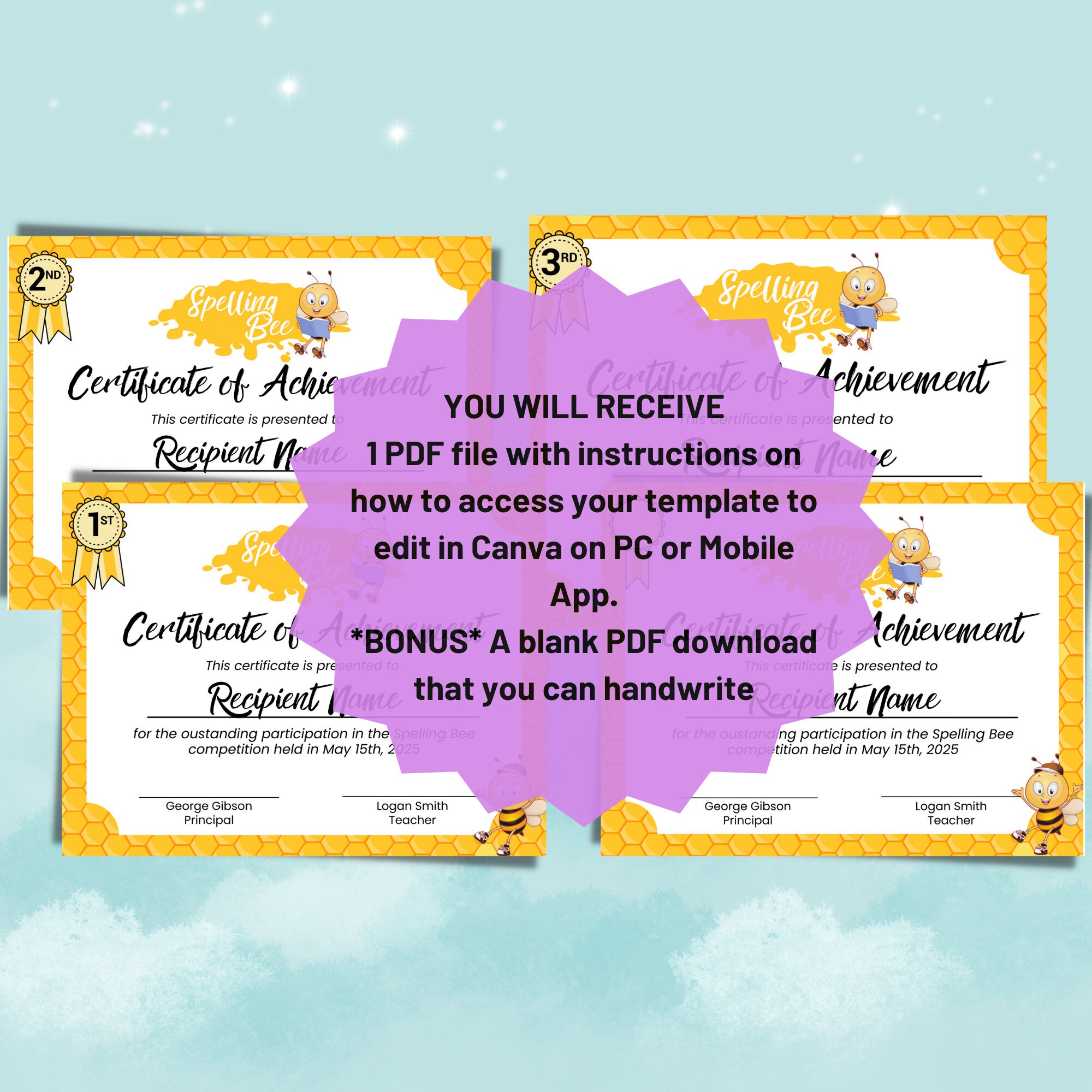 Editable Spelling Bee Certificate Template, Canva Award (digital ...